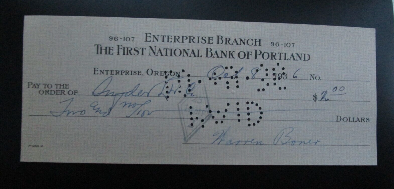 ENTERPRISE, OR. - Bank Check - First National Bank of Portland - 1936 ...