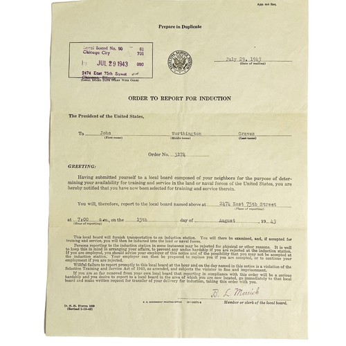 Vintage 1943 WWII Order To Report For Induction Chicago Draft Board ...