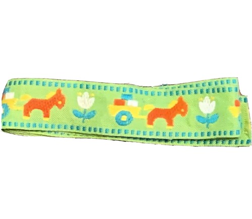 1yd Vintage Ponies-Donkeys Pulling Carts 1” Trim-Lime Orange Blue ...