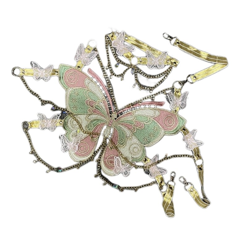 Women Butterfly Embroidery Crop Top Crystal Metal Chain Backless ...