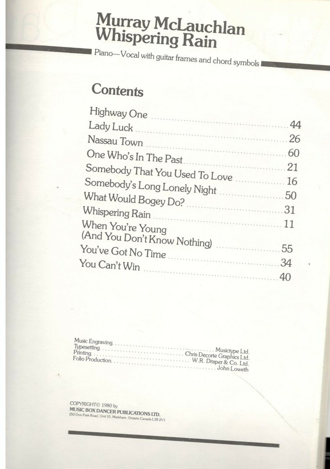 MURRAY McLAUCHLAN MUSIC BOOK PIANO/VOCAL/GUITAR/CHORDS SONGBOOK RARE ...