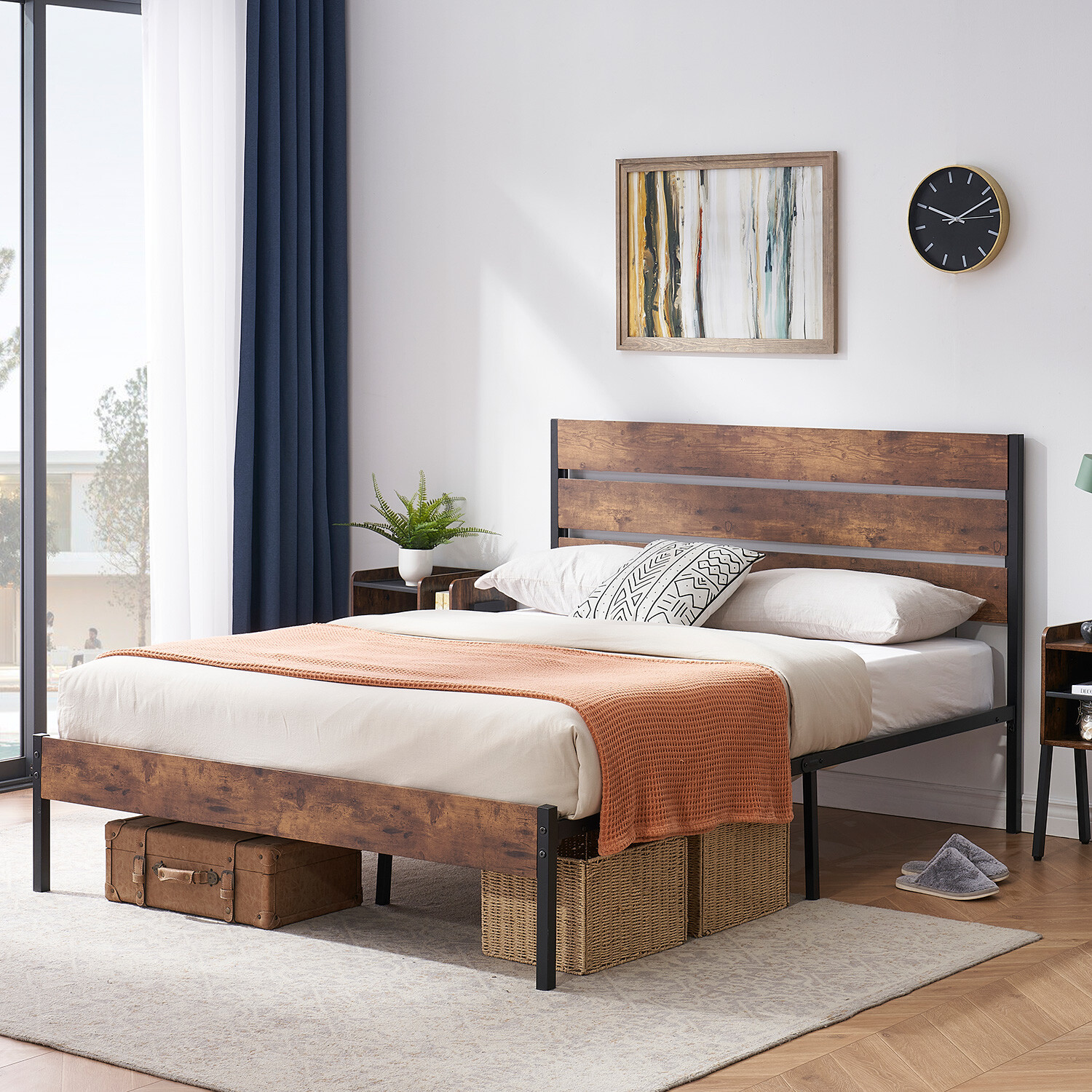 VECELO Twin/Full/Queen Size Bed Frame Metal Slat Platform With Wooden Headboard | eBay