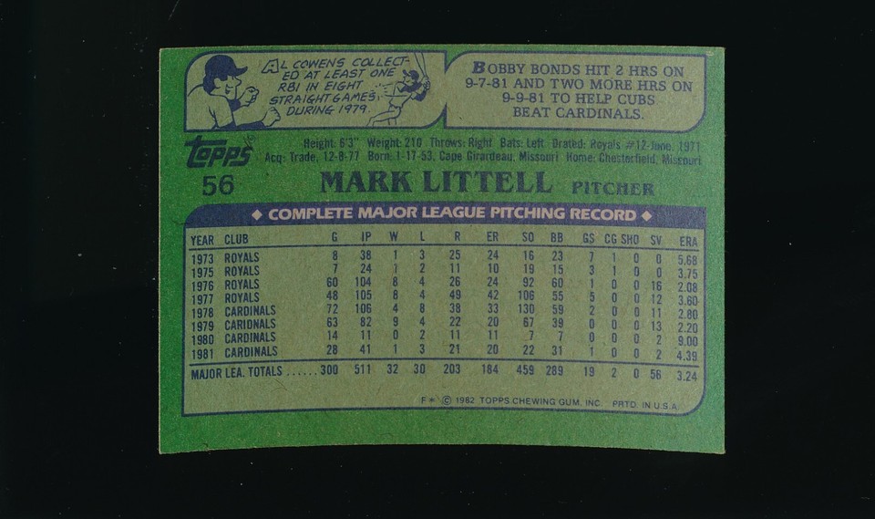 1982 Topps #56 Mark Littell * Pitcher * St. Louis Cardinals * EX-MT ...