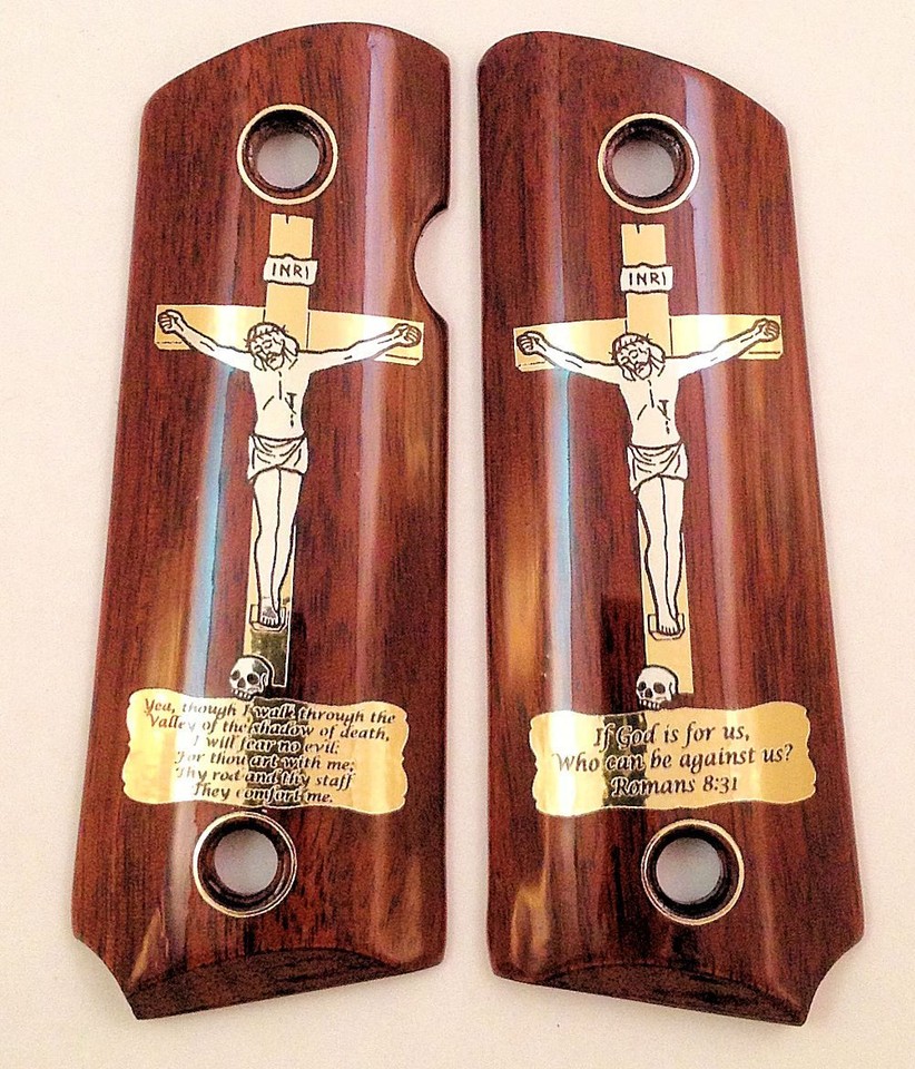 Compact 1911 custom engraved wood grips Christian Cross Jesus Crucifix ...