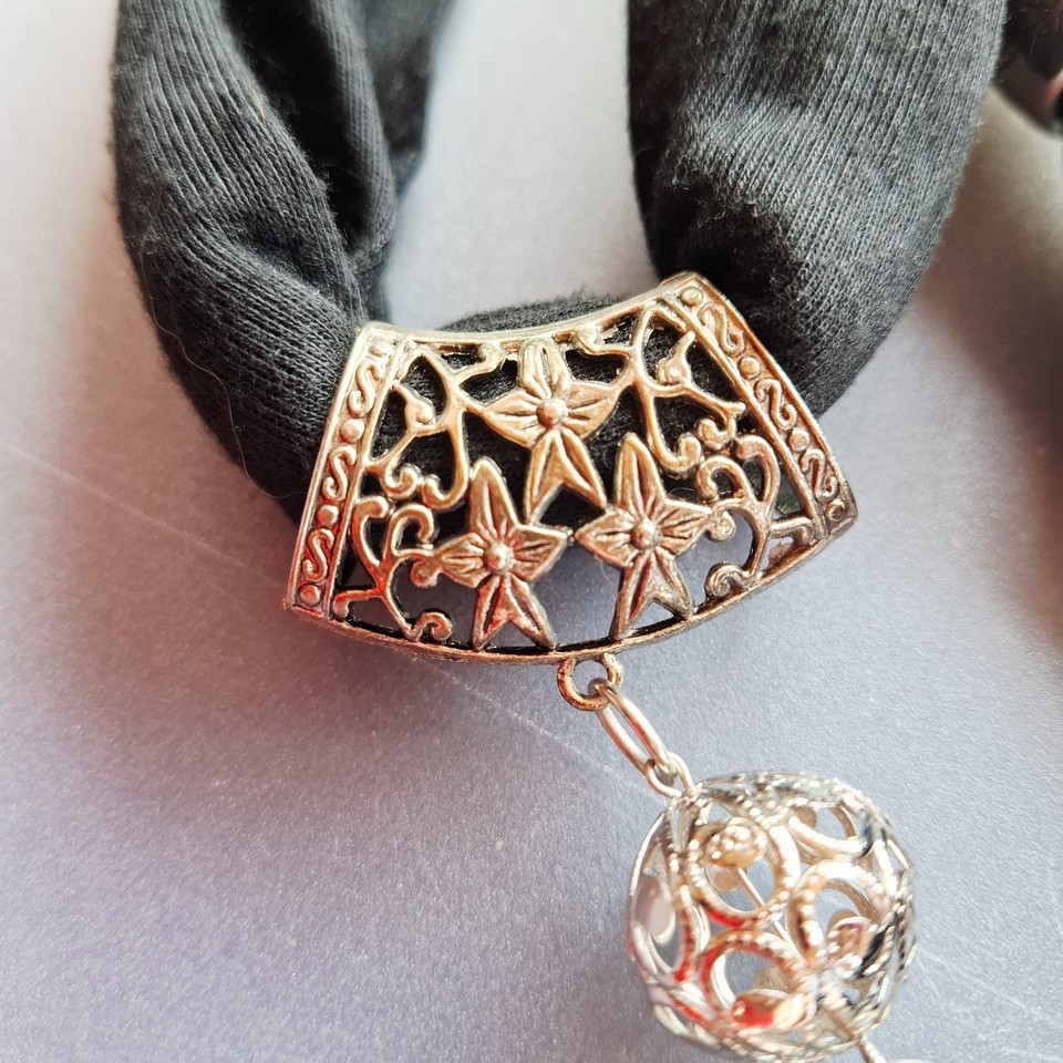 Black Scarf with Silver Tone Rings and Ornamental Elephant Pendant ...