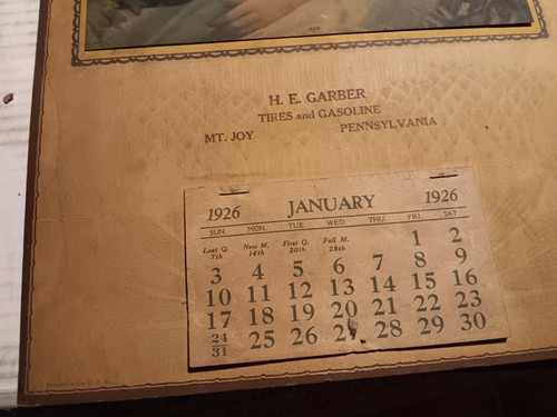 VINTAGE LOT OF 2 MT JOY PA CALENDARS 1926 HE GARBER TIRES & GASOLINE ...