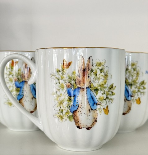 Beatrix Potter Peter Rabbit Coffee Mugs Easter 4.5" Floral Garden Gold ...