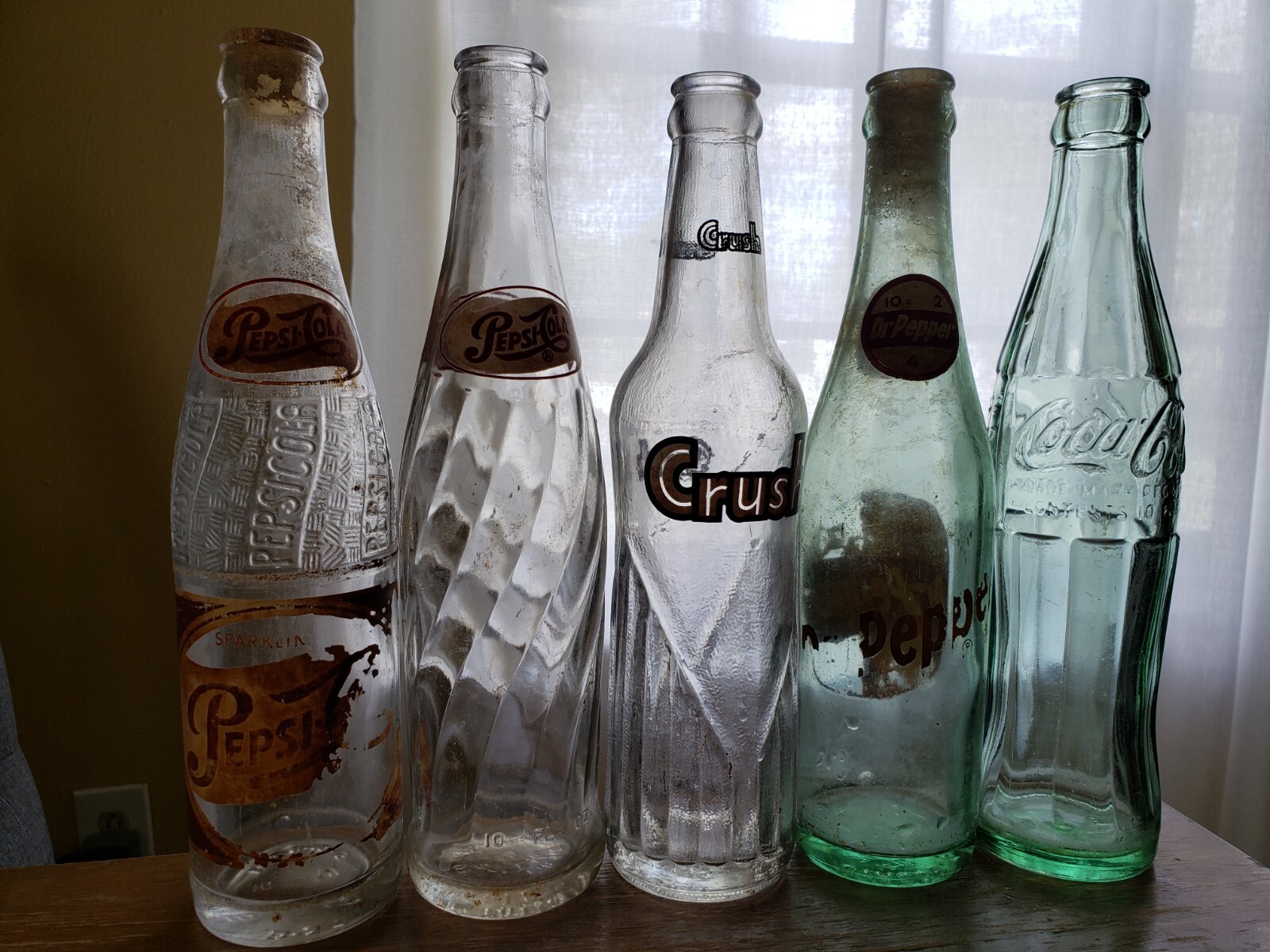 Lot of 5 vintage soda bottles from 50s-60s-2 Pepsi, Crush, Coke and Dr ...