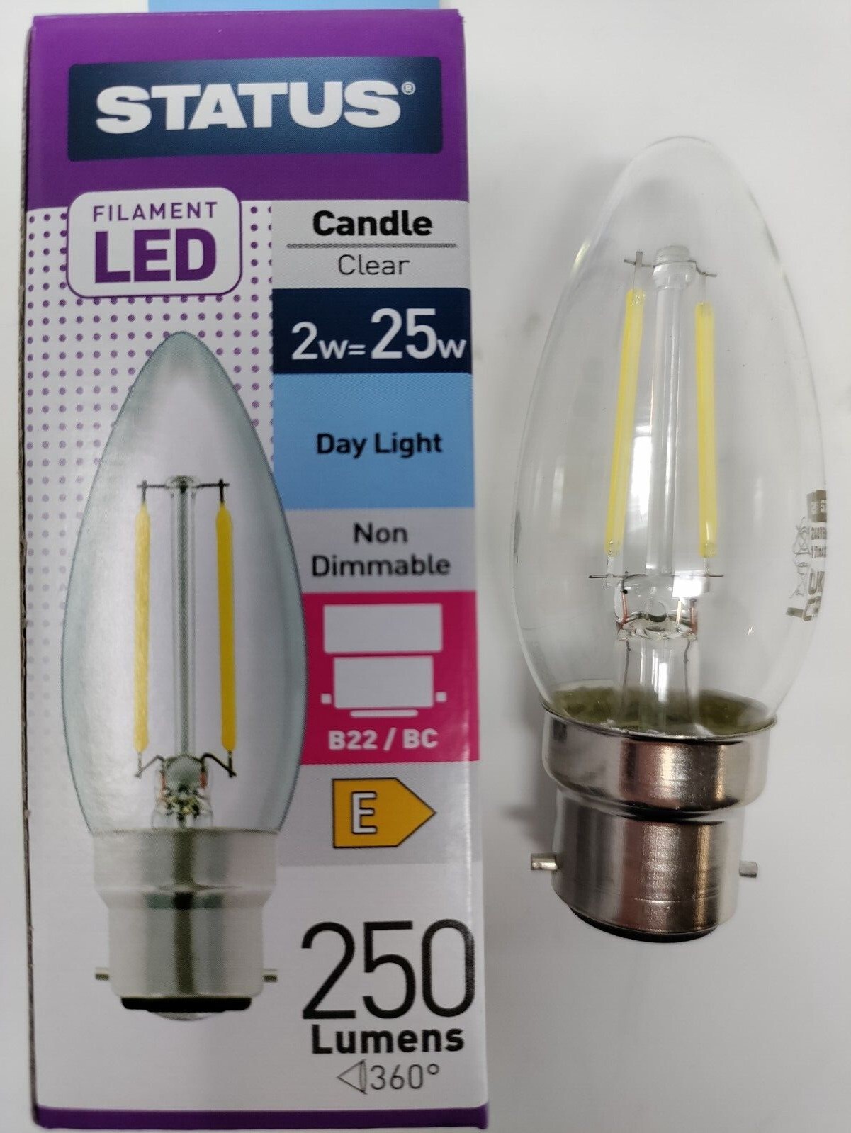 2w LED Candle Clear Filament Light Bulbs B22 BC E27 ES E14 SES Daylight ...