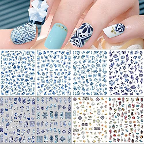 8 Sheets Blue and White Porcelain Nail Art Stickers Decals Self ...