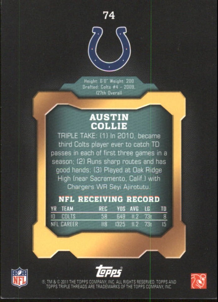 2011 Topps Triple Threads Emerald Colts Football Card #74 Austin Collie ...