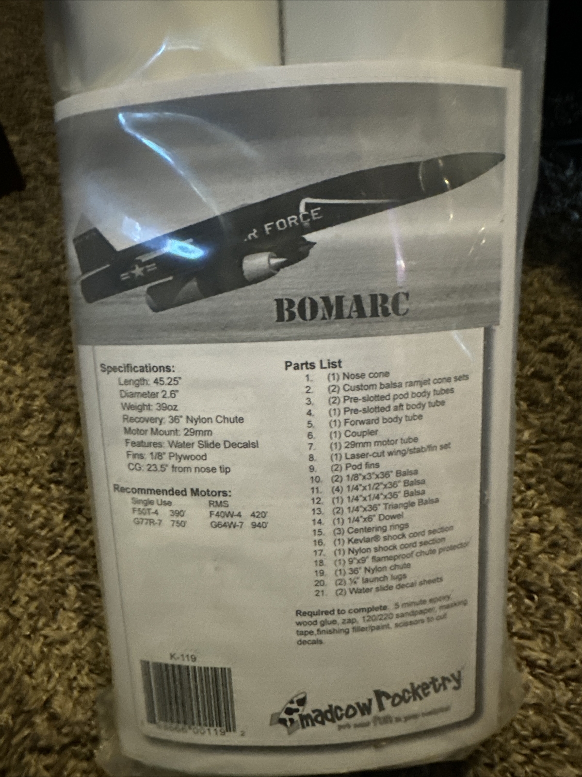 Mad Cow Flying Model Rocket Kit 2.6" Bomarc(29mm) K-3119 New In Box/Bag ...