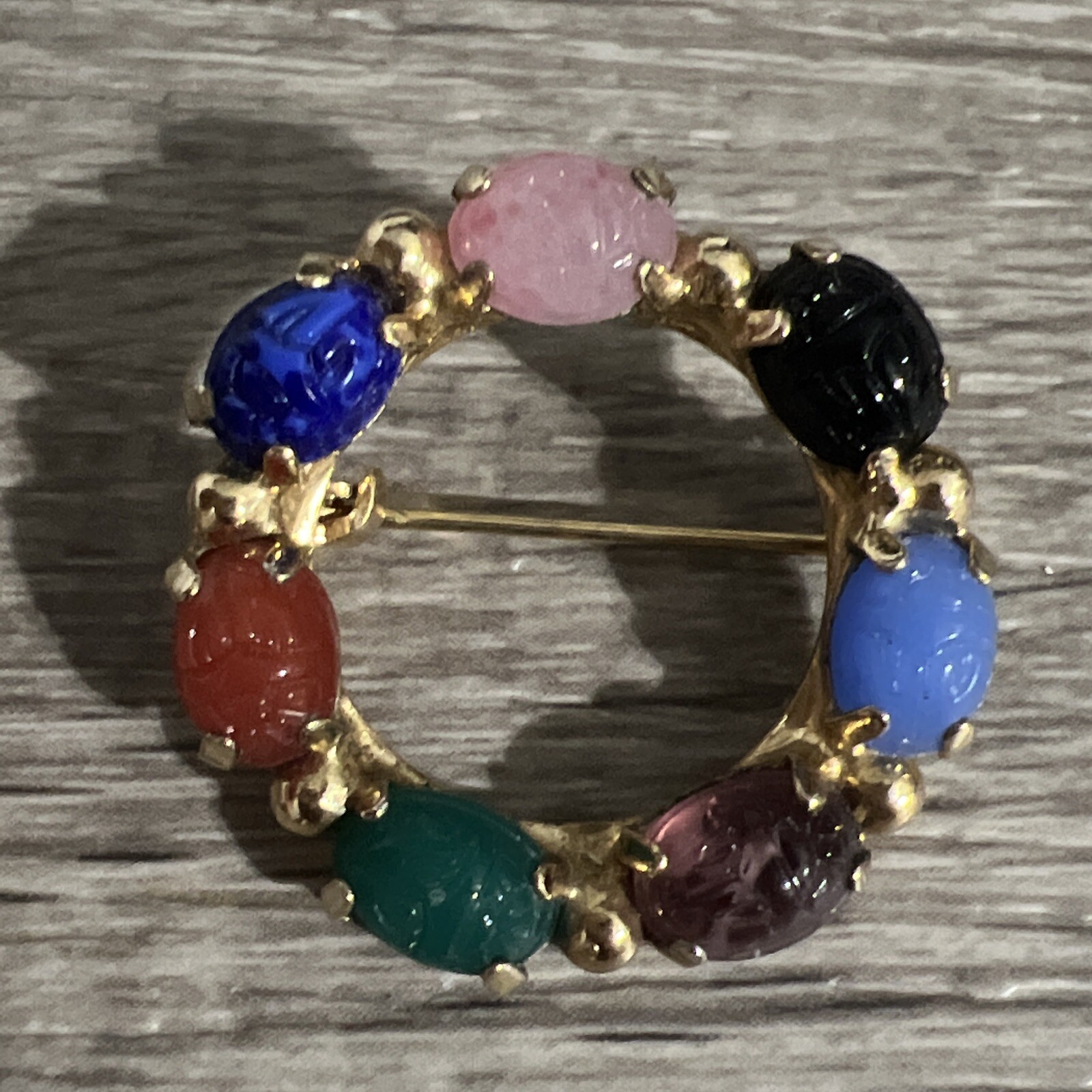 Vintage Carved Multicolor Scarab Beetle Pin Brooch - Gem