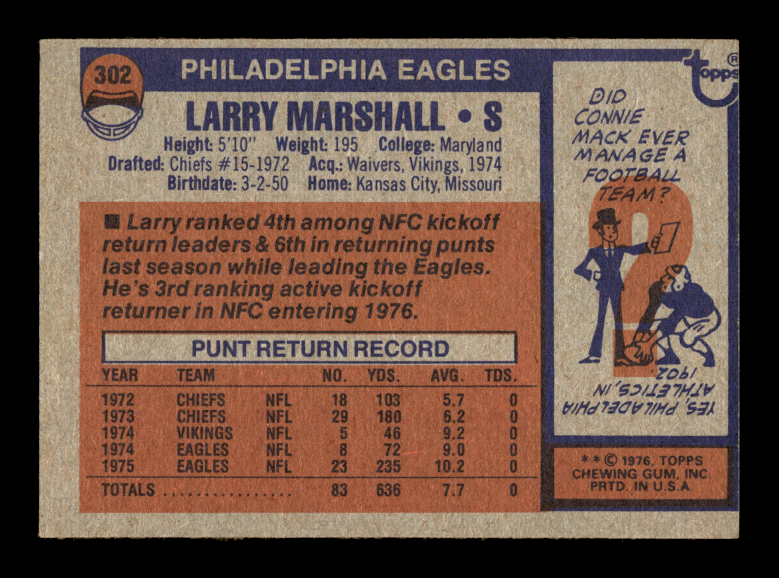 1976 Topps # 302 Larry Marshall Card (B64) Philadelphia Eagles | eBay