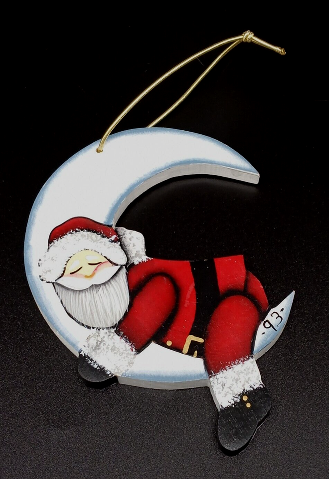 Santa Sleeping On Moon Christmas Ornament Wooden Painted Holiday ...
