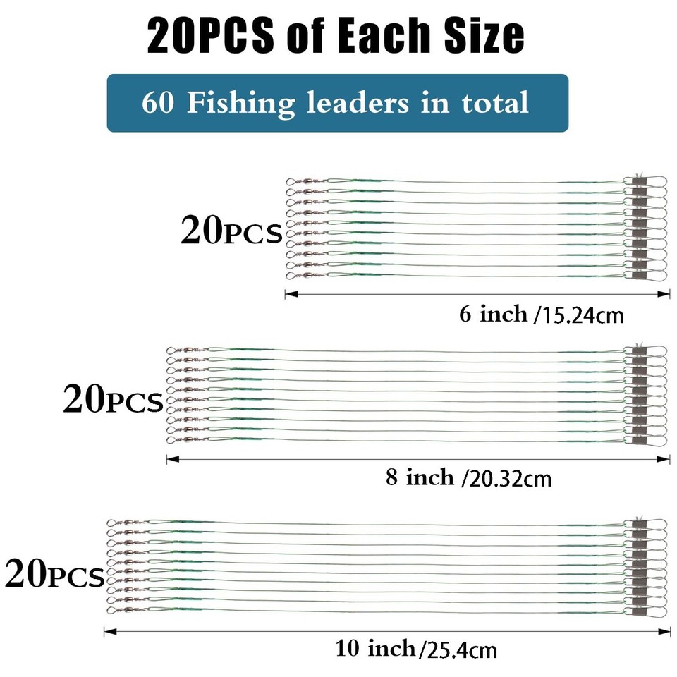 60pcs Trace Wire Leader Stainless Steel Fishing Line Leaders With Snap ...