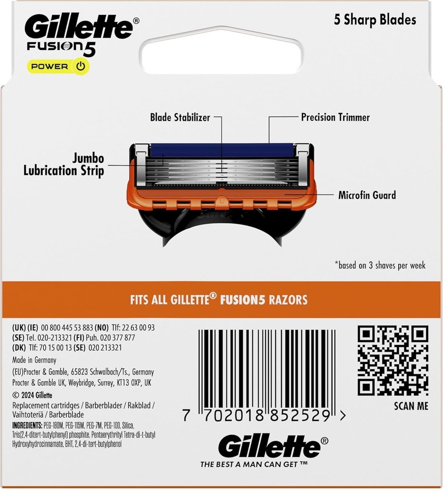 Gillette Fusion5 XL Power Razor Blades Men, Pack of 8 | Free Delivery ...