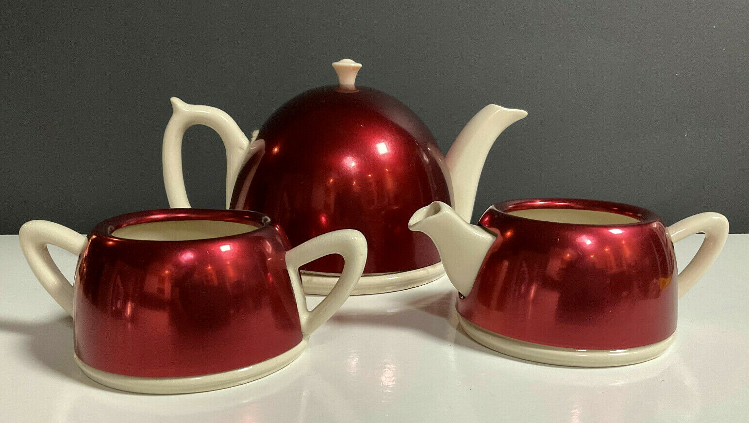 1930's Art Deco Everhot Teapot Creamer & Sugar Set Ceramic & Metal ...