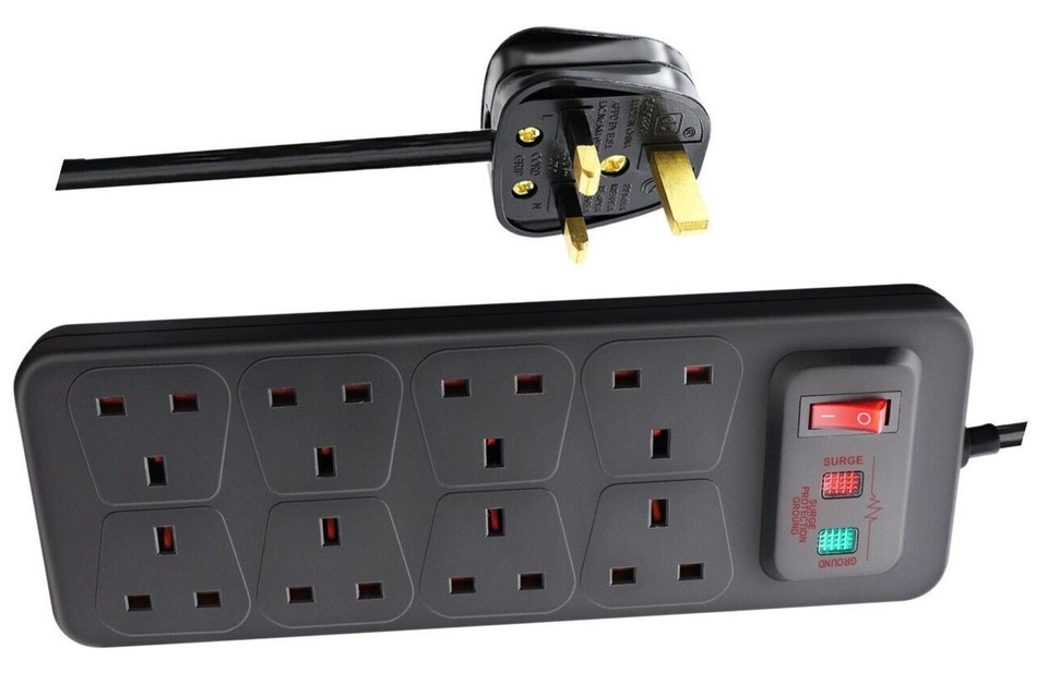 8 Way Gang Surge Protected Extension Lead Switch 13A BS1363 UK Plug 1M ...