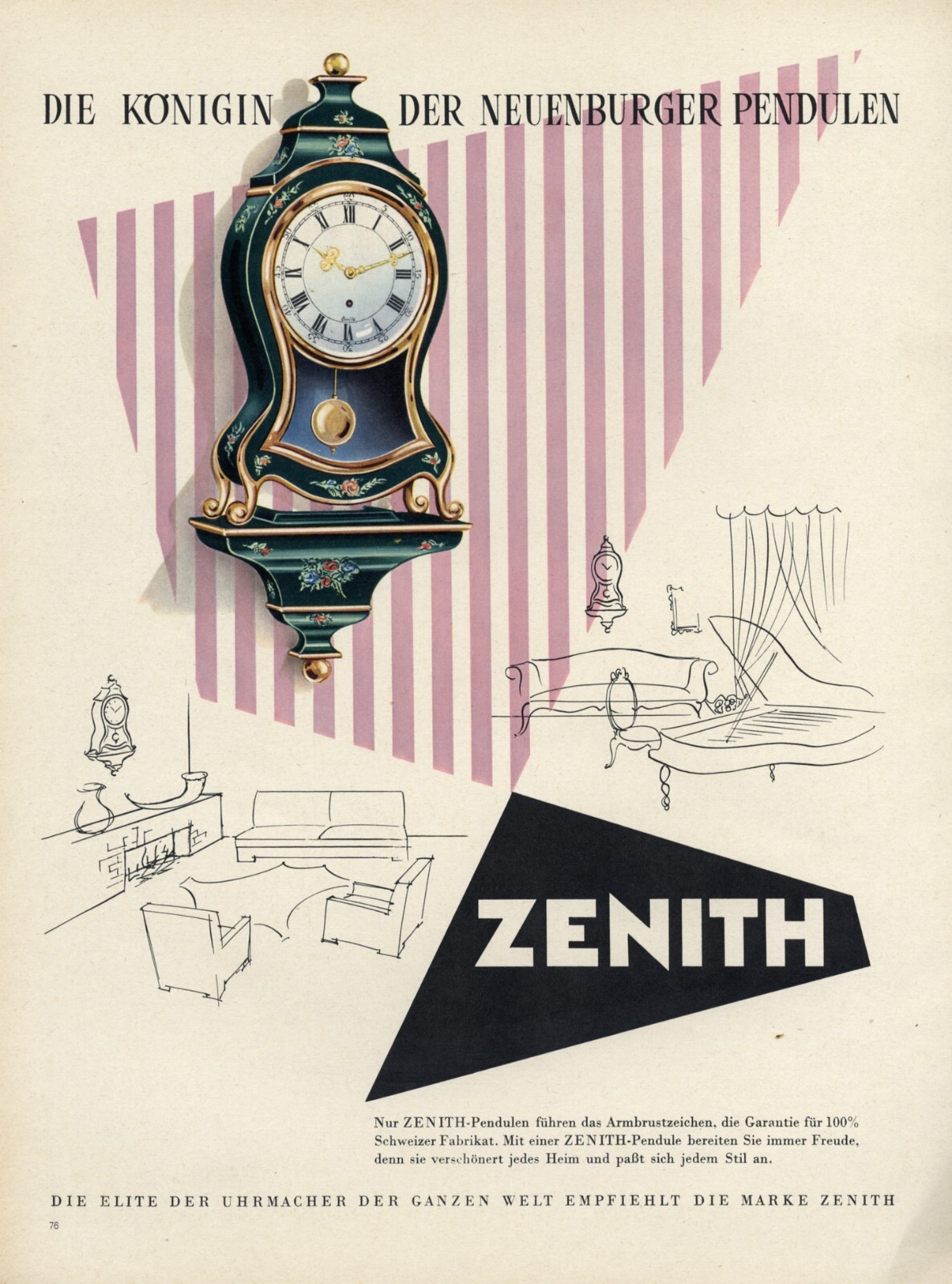 Zenith pendulum clock XL 1952 advertising Switzerland Neuchâtel ...
