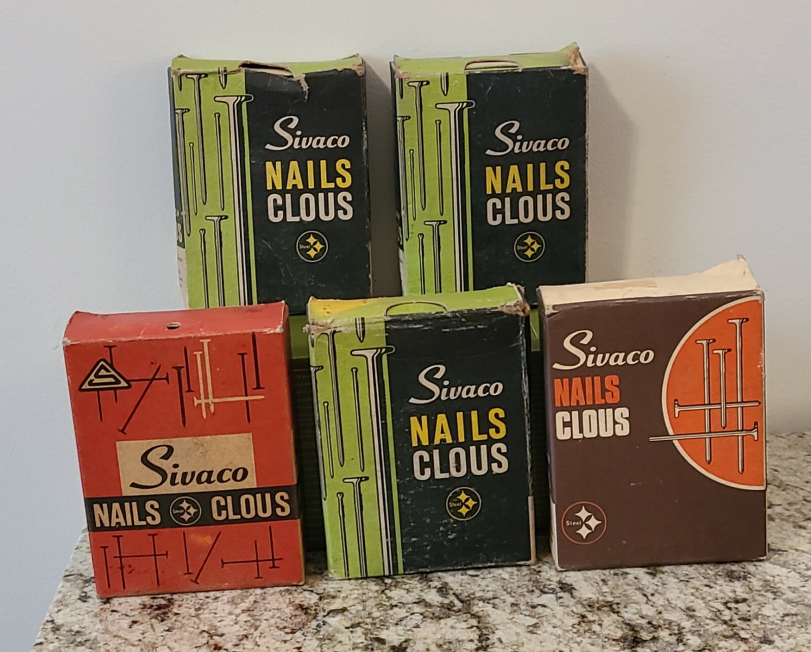 Lot of 5 Various Vintage Sivaco Nail Boxes with Contents Made in Quebec ...