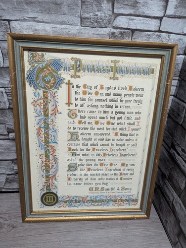 VTG 12x16 ER Squibb & Sons The Priceless Ingredient Framed Manuscript ...