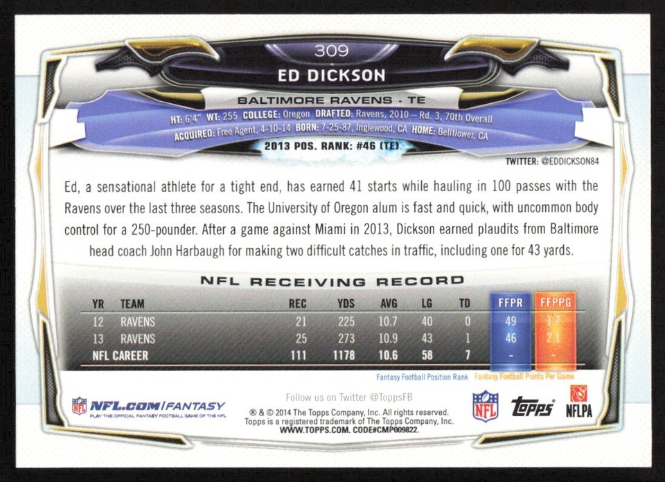 2014 Topps Football Card Ed Dickson #309 Baltimore Ravens | eBay