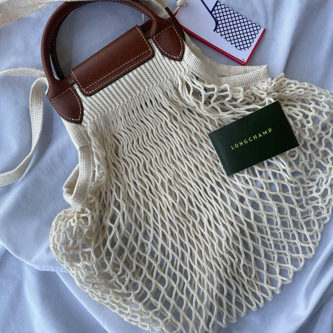 Auth Longchamp Filt Limited Mesh Net Bag White Brown Cotton Leather ...