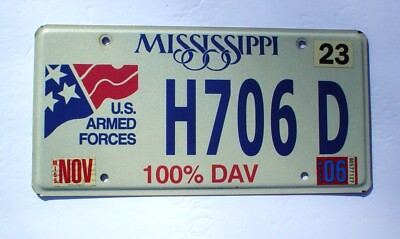 Mississippi US Armed Forces Disabled Veteran License Plate H706 D Flat ...