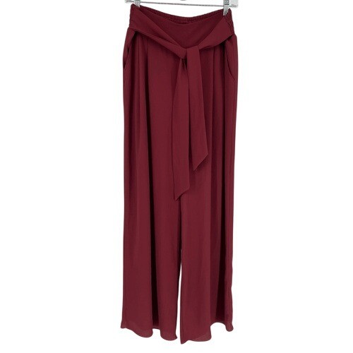 Pobu Women's High-Waisted Wide-Leg Pants Tie Waist Burgundy Size 12 ...