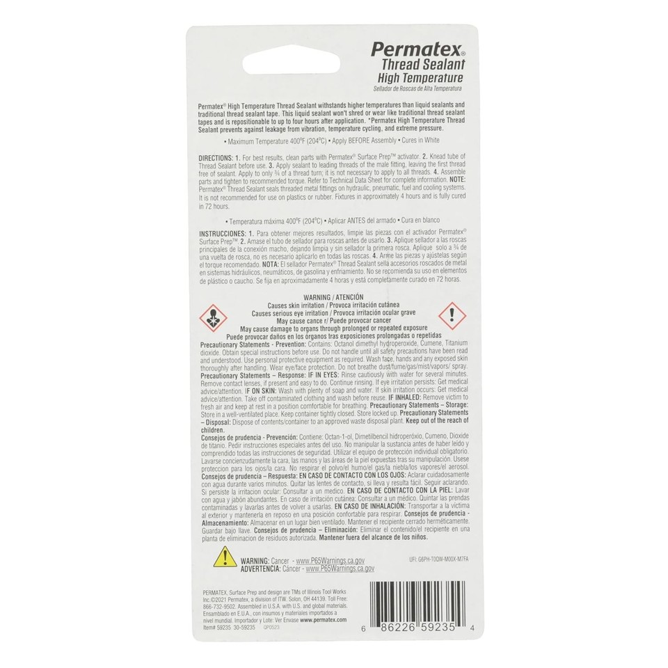 Permatex 59235 High Temperature Thread Sealant, 50 ml Tube , White 50 ...