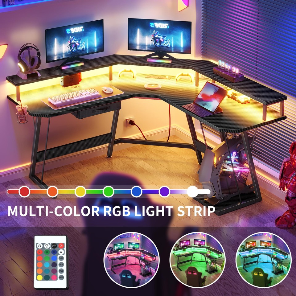 L-Shaped Gaming Desk Corner Table Computer Desk with RGB Light & Power ...
