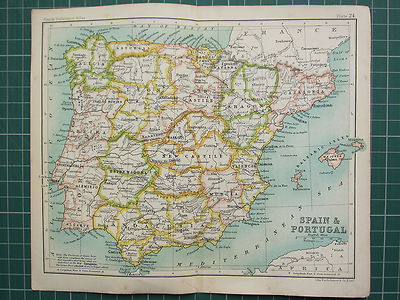 1904 SMALL MAP ~ SPAIN & PORTUGAL NEW CASTILE ANDALUSIA ARAGON BALEARIC ...