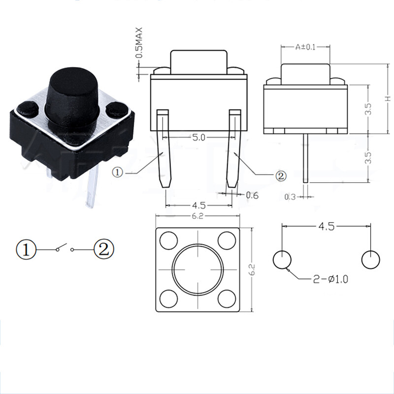 6 x 6 x 5mm Mini Taster Drucktaster Klein Mikroschalter DIP 2 SPST 2 ...