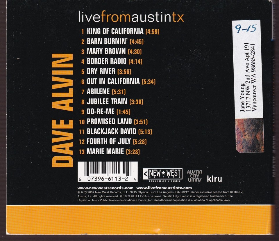 / CD Dave Alvin, Live From Austin Texas, Austin City Limits (2007 ...