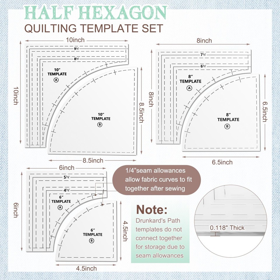 Drunkards Path Quilting Templates Set 10" 8" 6" Clear with 1/4" Seam | eBay