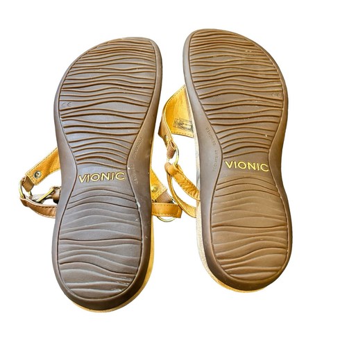 Vionic KIRRA Womens Sz 7.5 Tan Brown Leather Buckle Orthopedic Thongs ...