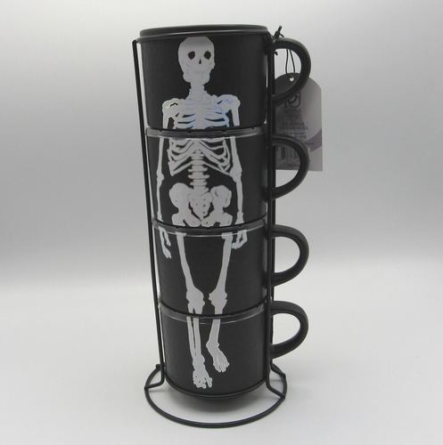 PD PRIMA DESIGN HALLOWEEN SKELETON STACKING COFFEE MUGS/CUPS WITH STAND ...