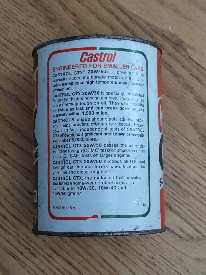 Vintage Cardboard Can Castrol GTX SAE 20W / 50 MOTOR OIL.. FULL ...