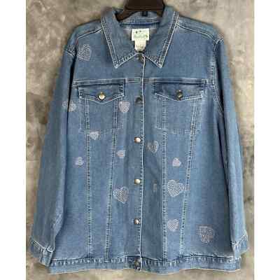 Quacker Factory Blue Denim Embellished Hearts Stretch Jacket sz 1X ...