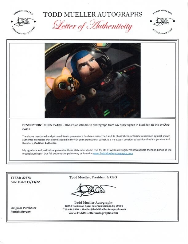 Chris Evans signed autographed 8x10 Disney Buzz Lightyear photo COA | eBay