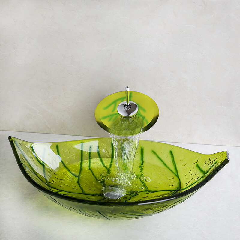 US Bathroom Green Leaf Glass Basin Vessel Sink Waterfall Mixer Faucet ...