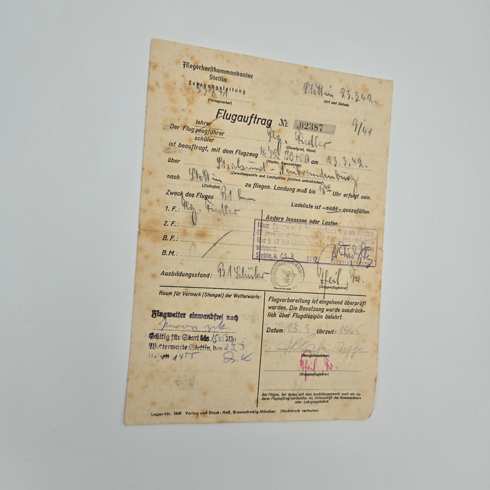 Original WW2 WWII German Luftwaffe pilot flight plan document airport ...