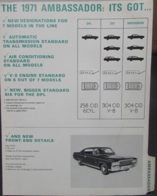 1971 AMC Ambassador Data File Folder Dealer Item Only American Motors ...