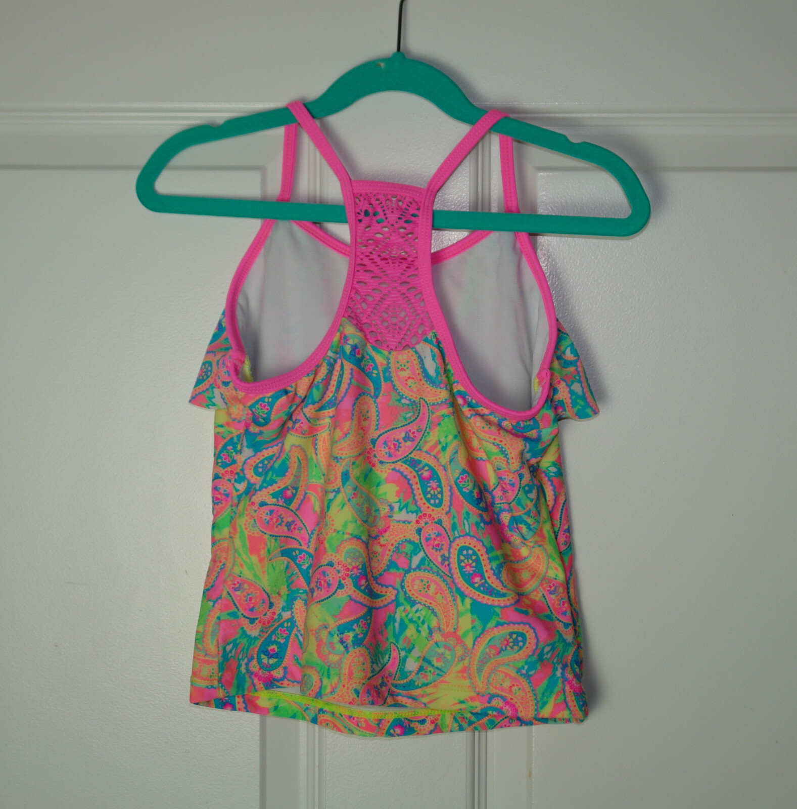 Girls Breaking Waves 2 Piece Tankini Swimsuit Neon Pink Green Paisley ...