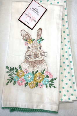 TABITHA WEBB KITCHEN TOWELS (2) BUNNY FLOWERS TURQUOISE 20 X 28 COTTON ...