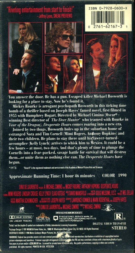 DESPERATE HOURS- Mickey Rourke, Anthony Hopkins, Mimi Rogers VHS VG+ ...