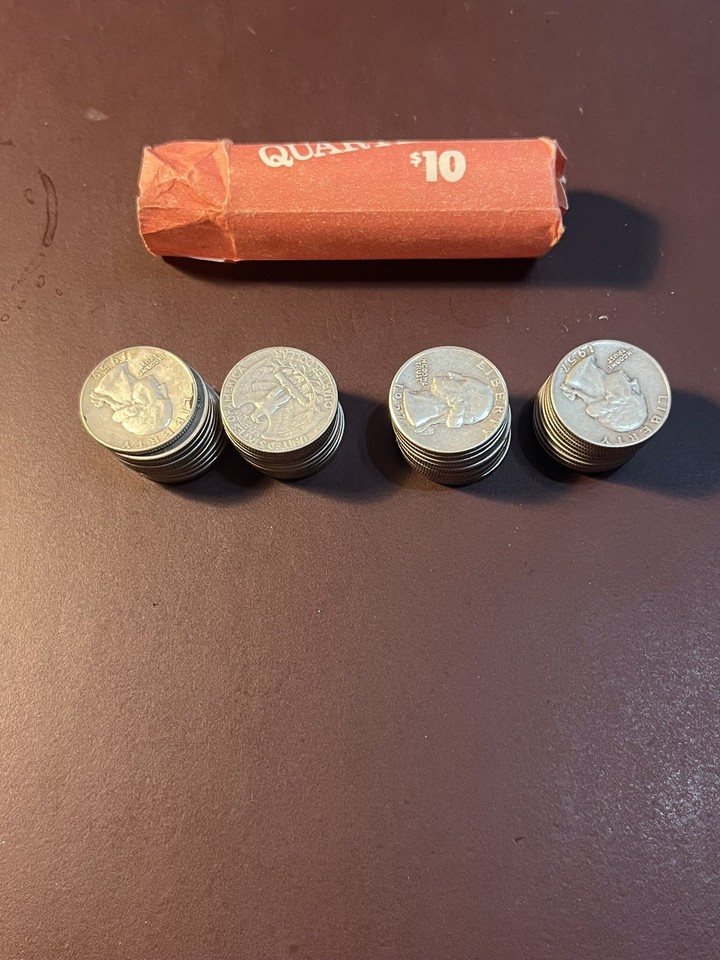 Roll of 40 Washington Quarters 90% Silver Coins $10 Face Mixed Dates ...