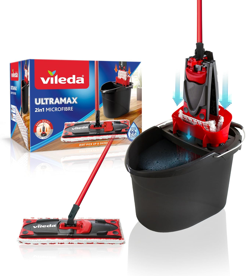 Vileda Ultramax Flat Mop and Bucket Set - Red, Hands-Free Wringing ...