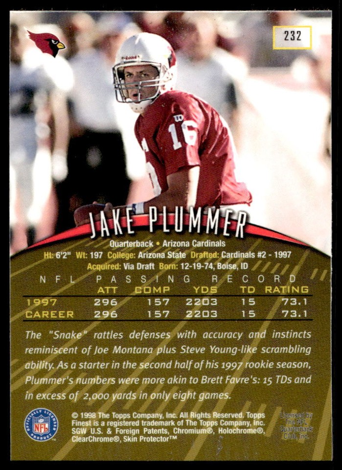 1998 Finest 232 Jake Plummer Arizona Cardinals Football Card | eBay